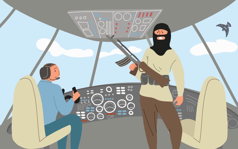 Terrorist hijacking aircraft and holding gun Vector Image