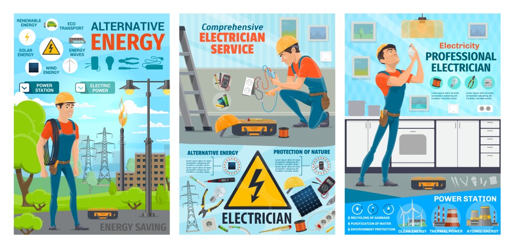 Electrician performing electrical work scene set Vector Image