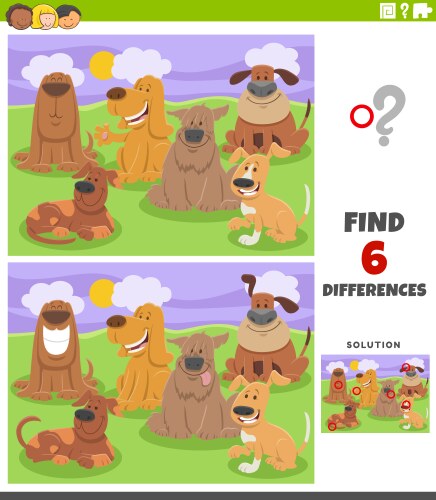 Differences game with cartoon dogs animal Vector Image