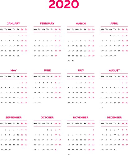 Calendar 2020 pocket basic grid Royalty Free Vector Image