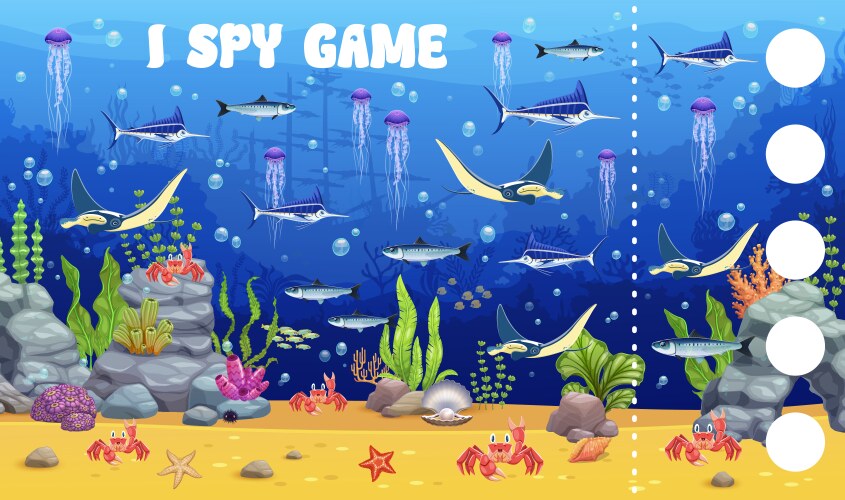 I spy game worksheet with underwater sea animals Vector Image