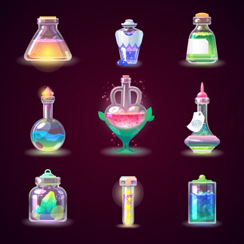 Potion bottles icons elixir in glass flasks Vector Image