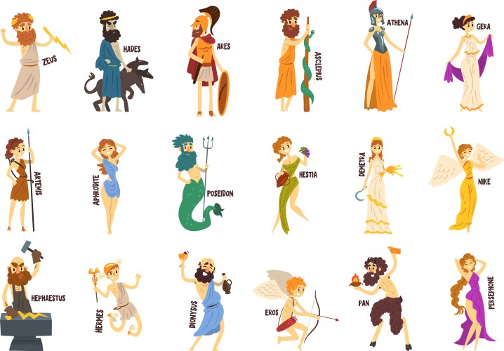 Ancient greek gods cartoon characters Royalty Free Vector