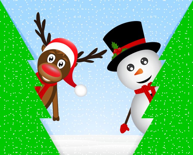 Snowman and reindeer peeking sideways on a white Vector Image