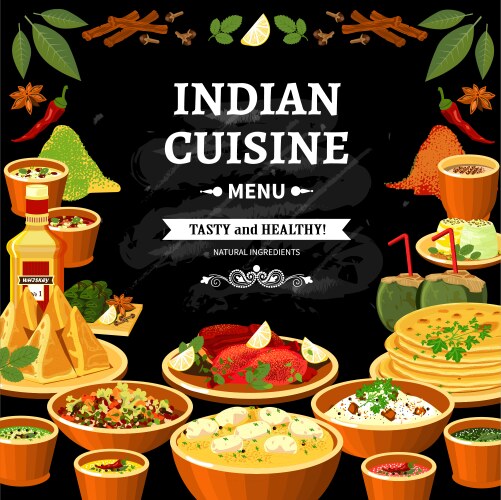 Indian cuisine menu cover authentic india dishes Vector Image