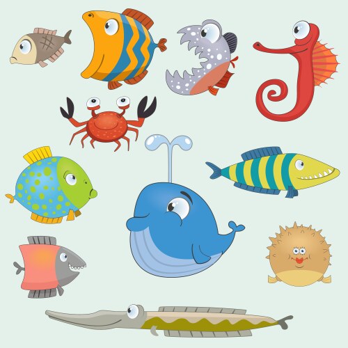 Sea creature fish dolphin whale crab clip art Vector Image