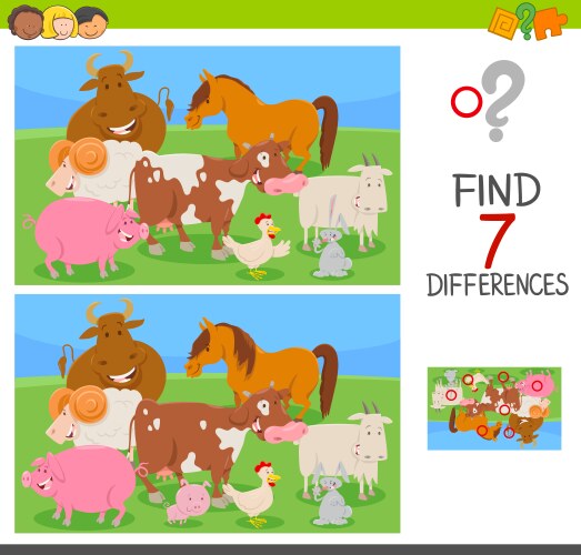Find differences game with farm animals group Vector Image