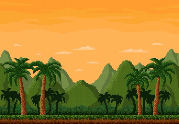 Dinosaur era environment pixel game assets palms Vector Image