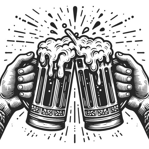 Cheers with frothy beer mugs sketch Royalty Free Vector