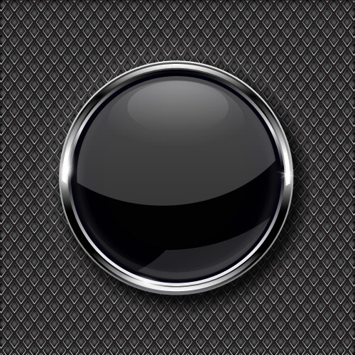 Black round glass button with chrome frame Vector Image