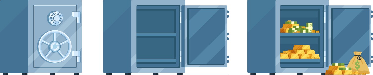 Closed bank safe open empty and cabinet Royalty Free Vector