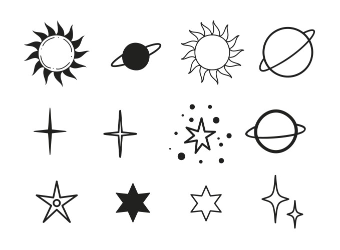 Celestial objects set moon sun stars planets Vector Image