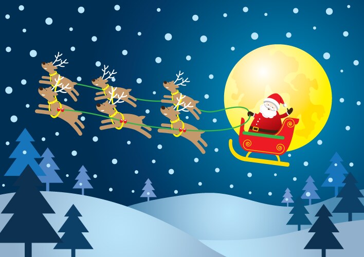 Santa rides reindeer sleigh flying in the sky Vector Image