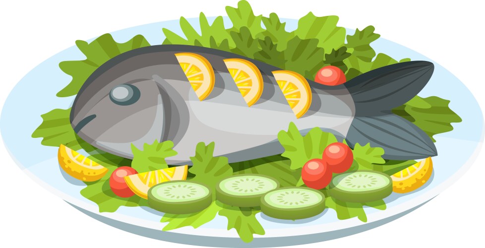Rice and fish served on flat plate with lettuce Vector Image