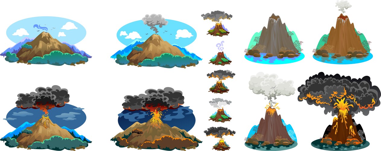 Animation stages of volcano erupt with flow lava Vector Image