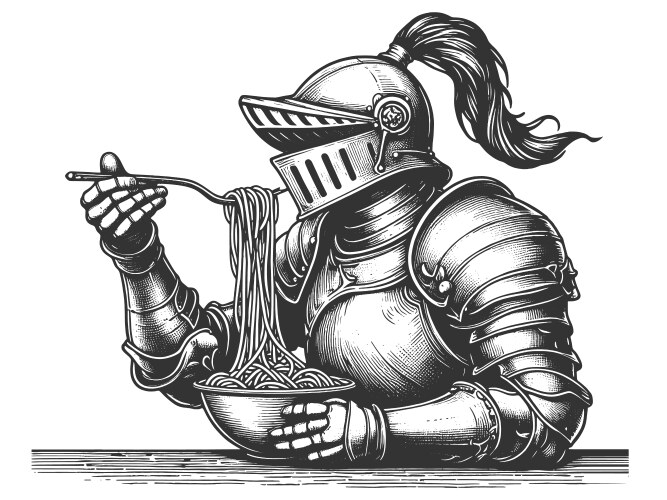 Medieval knight eating burger engraving Royalty Free Vector