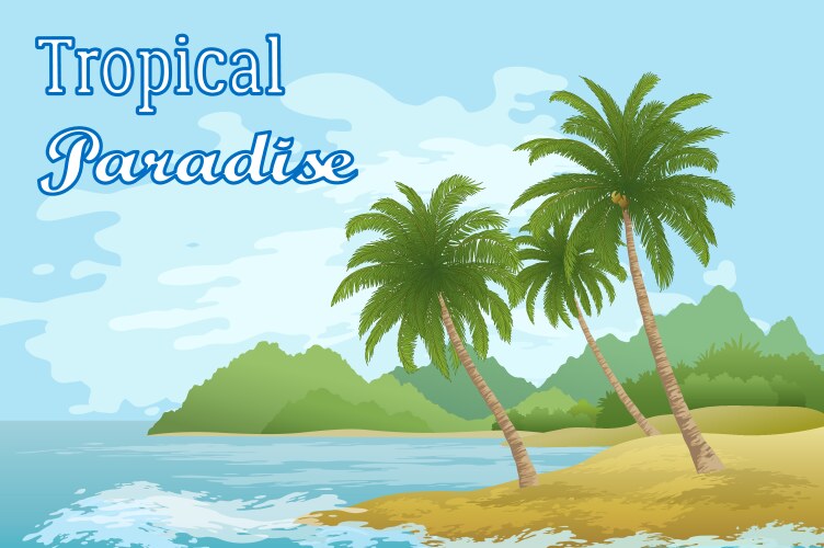 Tropical beach with parasol and palm trees Vector Image