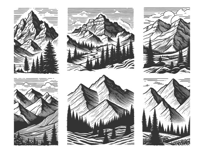 Mountain landscape with forest engraving Vector Image