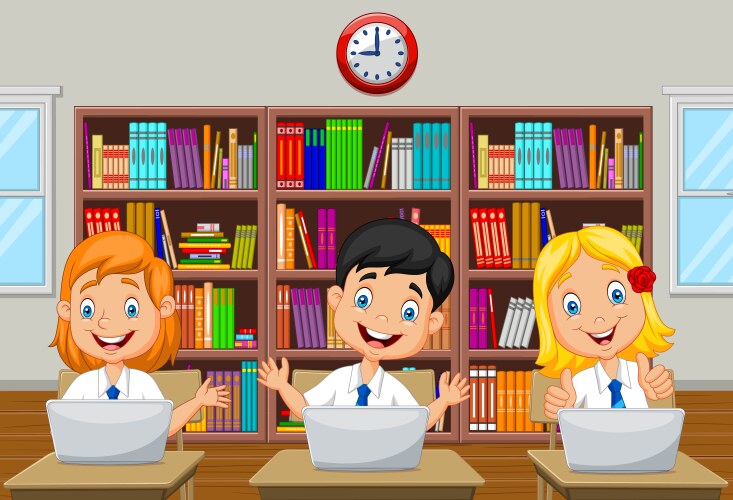 Cartoon school kids raising hand in the classroom Vector Image