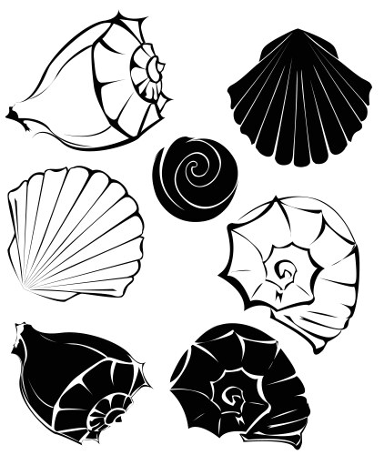 Sea shells seashell silhouettes set Royalty Free Vector