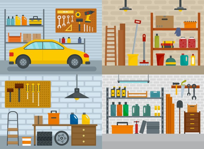Garage interior car repair service tool Royalty Free Vector