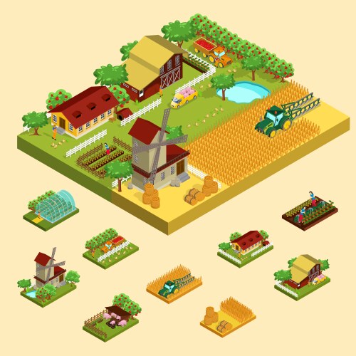 Isometric agricultural equipment farm tractors Vector Image