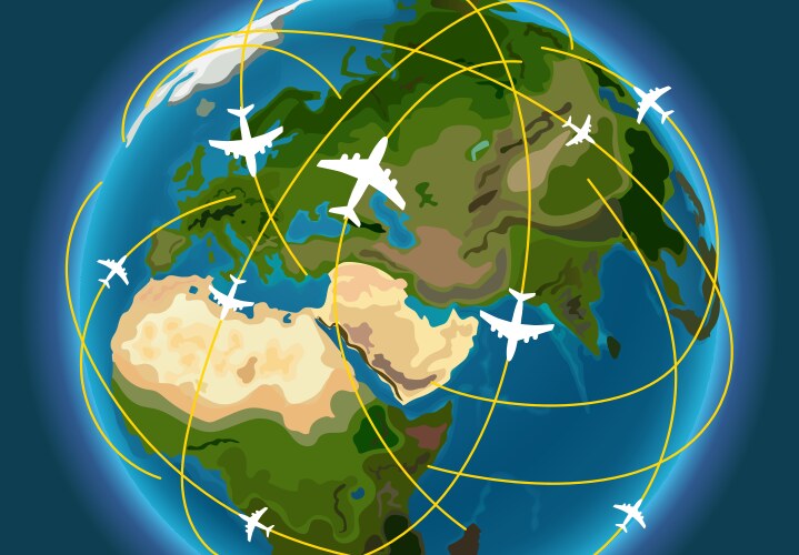 World map with aircraft paths Royalty Free Vector Image