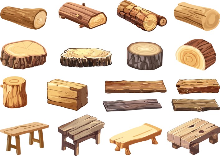 Wood log and trunk cartoon wooden lumber plank Vector Image