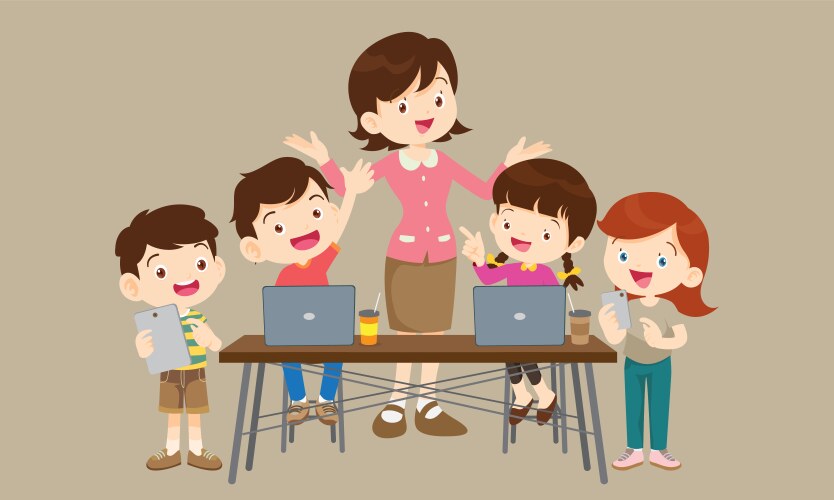 Teacher and kids learning computer technology Vector Image