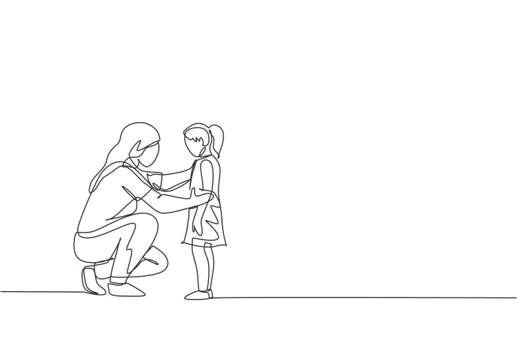 One single line drawing of young happy mom giving Vector Image