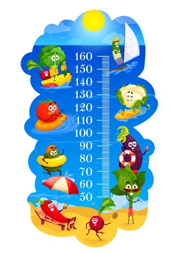 Kids height chart cartoon vegetables on beach Vector Image