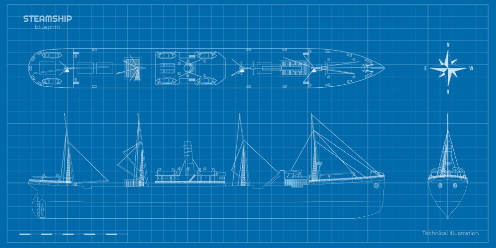 Blueprint of cargo ship on a white background Vector Image