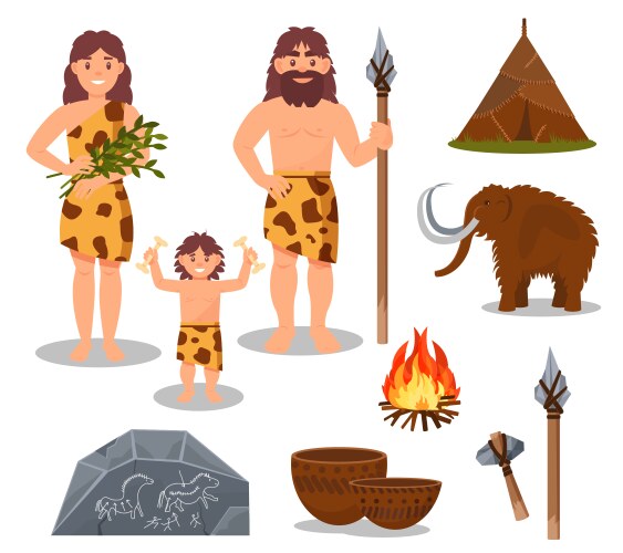 Stone age symbols set weapon and tools of caveman Vector Image