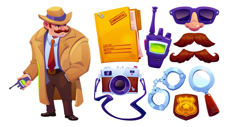 Detective character and spy equipment icon set Vector Image