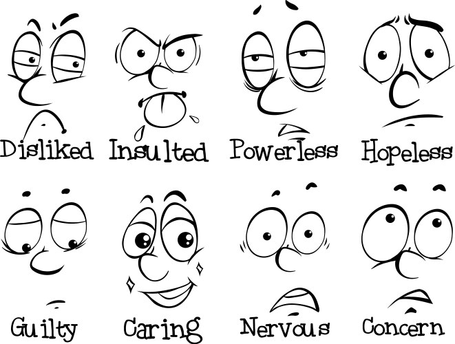 Different expressions on human face with words Vector Image