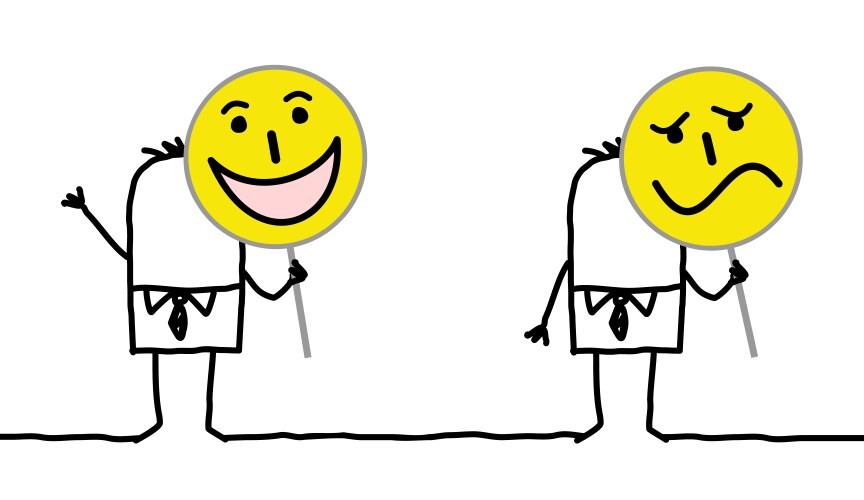 Cartoon hypocrit characters holding emoticon signs