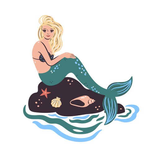 Cute cartoon mermaid sitting on a rock Royalty Free Vector