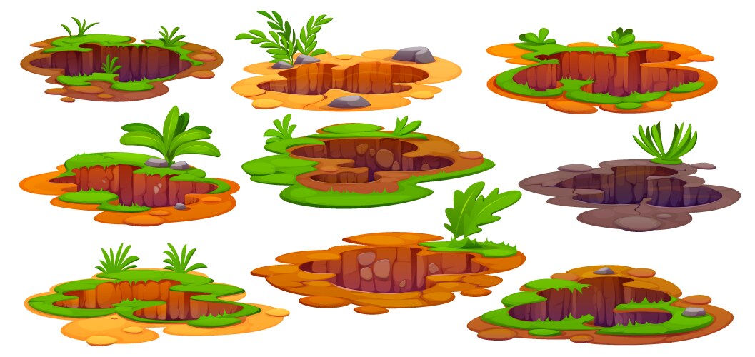 Cartoon ground holes deep dirty pits and burrows Vector Image