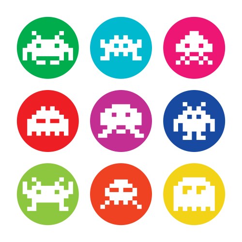 Space invaders 8bit aliens icons set Royalty Free Vector