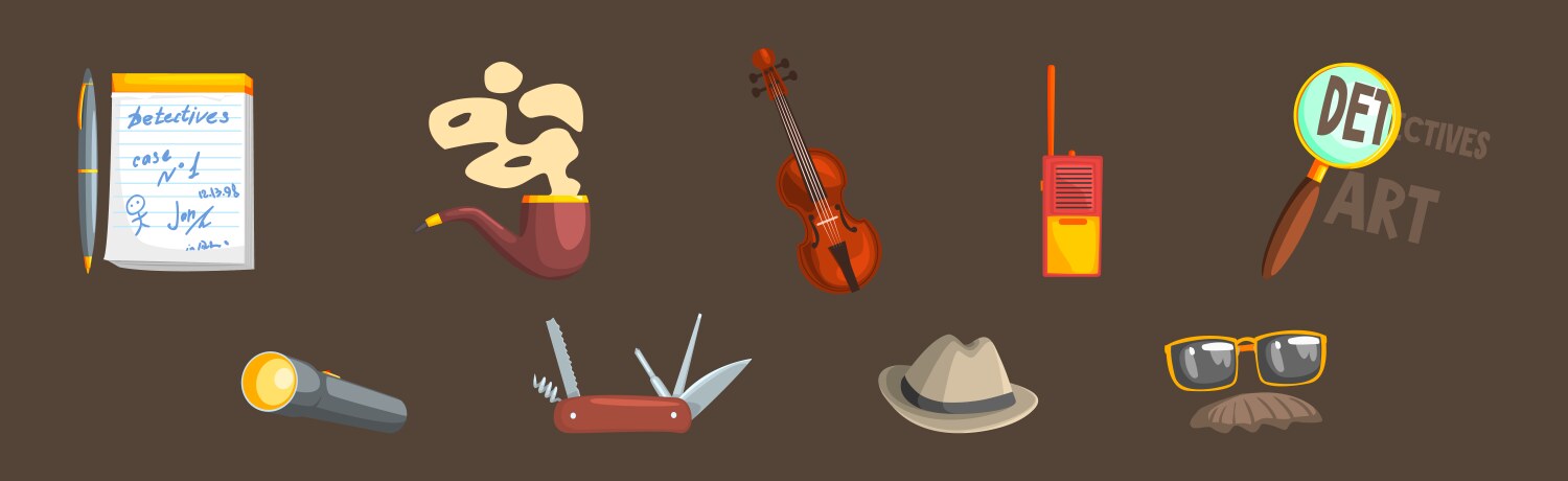 Classic detective items and tools colorful Vector Image