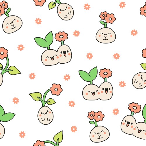 Cute kawaii seed with roots seamless pattern Vector Image