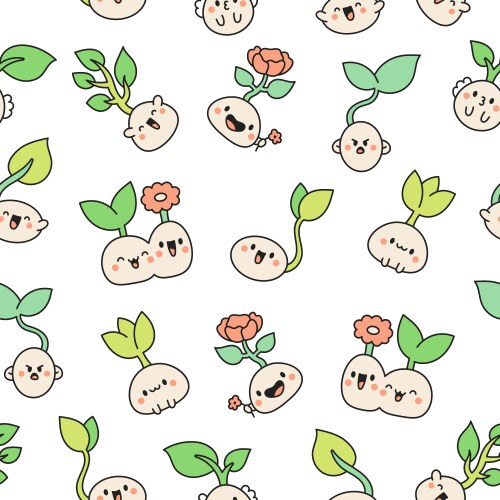 Cute kawaii seed with roots seamless pattern Vector Image