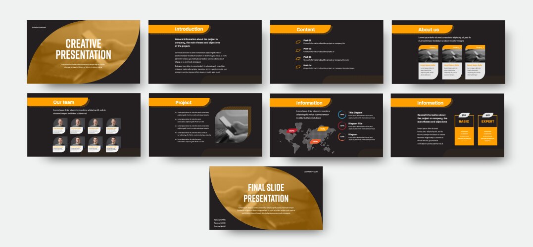 Black slides with gray and orange design elements Vector Image