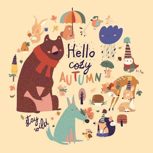Fall set with cute forest animals in cartoon style