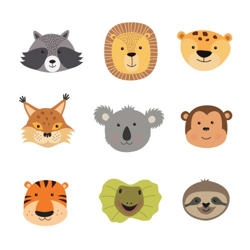 Cute animal heads collection flat style Royalty Free Vector