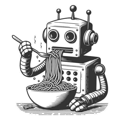Robot eating spaghetti engraving sketch Royalty Free Vector