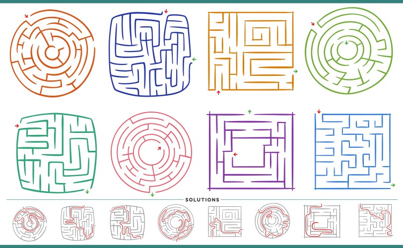 Maze games set with funny comic characters Vector Image