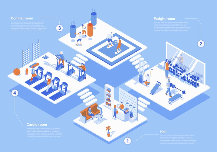 Isometric gym fitness flowchart Royalty Free Vector Image