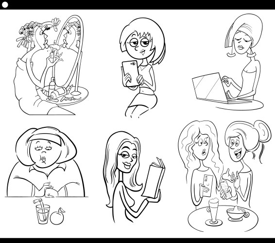 Cartoon woman comic characters set coloring book Vector Image