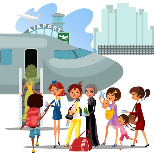 Characters boarding on airplane people stand Vector Image